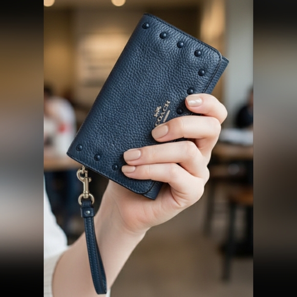 Coach | Bags | Coach Studded Leather Blue Wallet | Poshmark